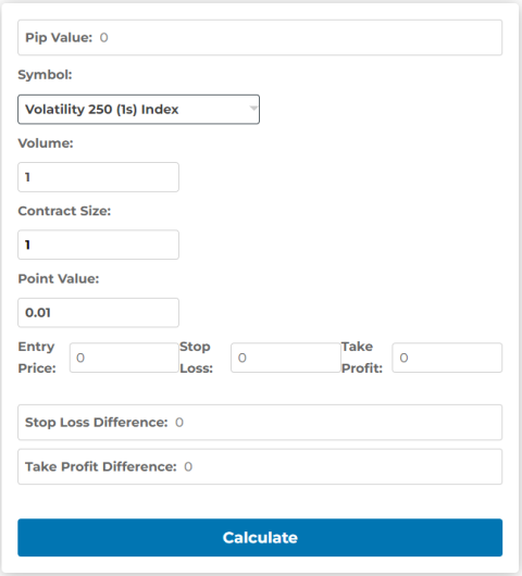 Volatility 250 1s Index Pip Calculator - Example for You - Get Know Trading